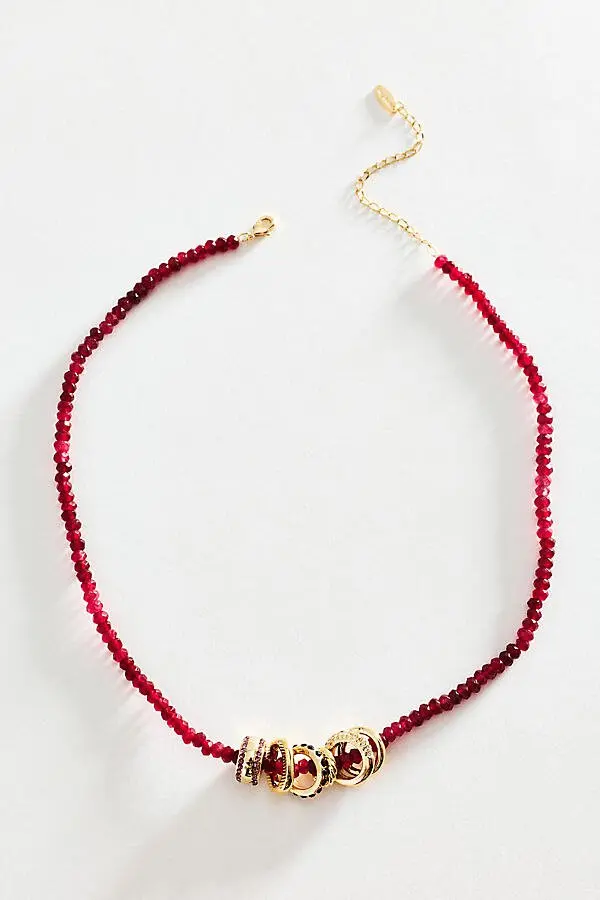 Anthropologie Linked Ring Beaded Necklace - Red Berry