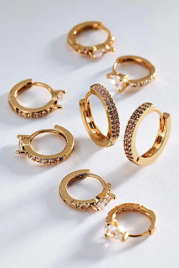 Anthropologie Crystal Huggie Hoop Earrgs, Set Of 4 - Gold