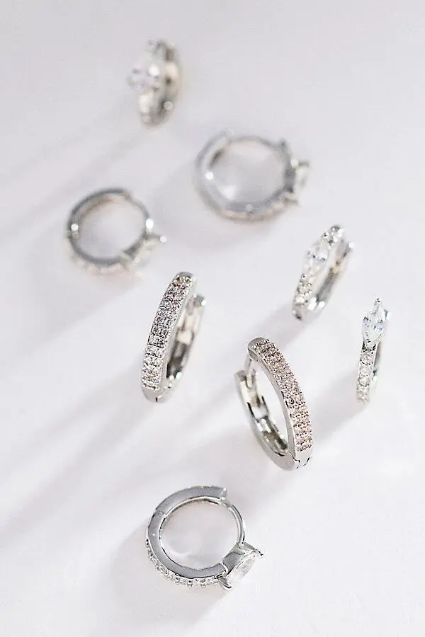Anthropologie Crystal Huggie Hoop Earrgs, Set Of 4 - Silver
