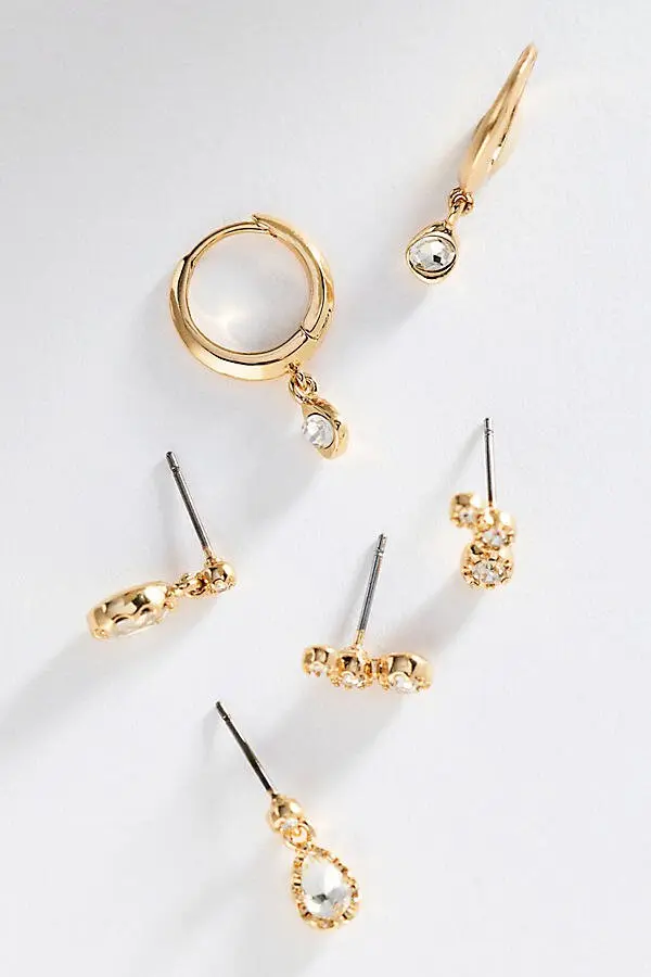 Anthropologie Crystal Post And Hoop Earrgs, Set Of 3 - Gold