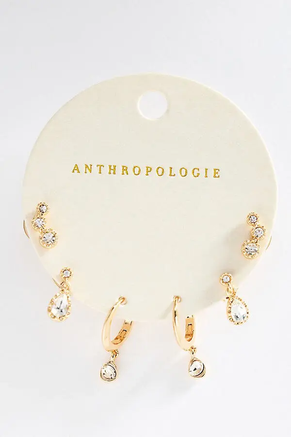 Anthropologie Crystal Drop, Pavé Stud, And Hoop Earring Set - Gold