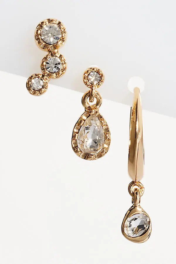 Anthropologie Crystal Drop, Pavé Stud, And Hoop Earring Set - Gold