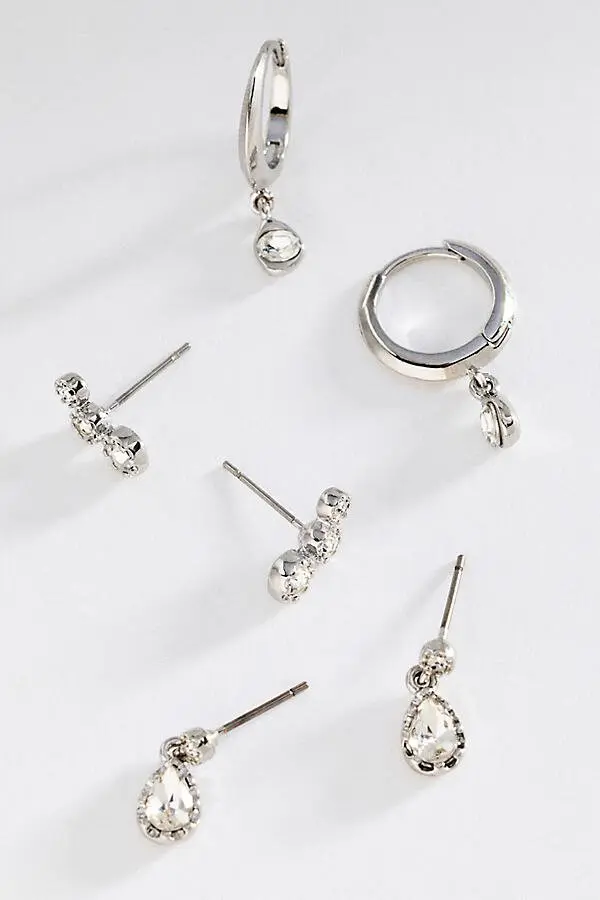 Anthropologie Crystal Post And Hoop Earrgs, Set Of 3 - Silver