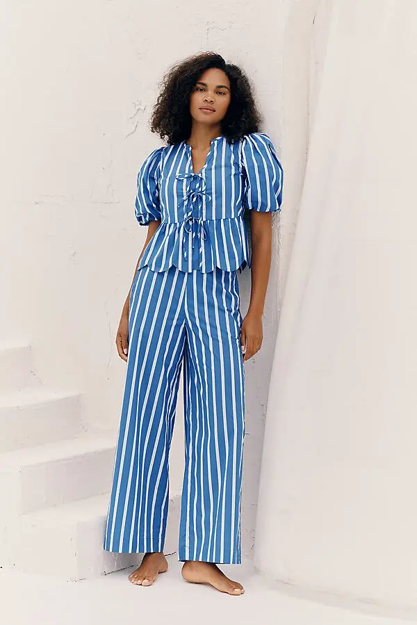 English Factory Striped Full Length Cotton Pants