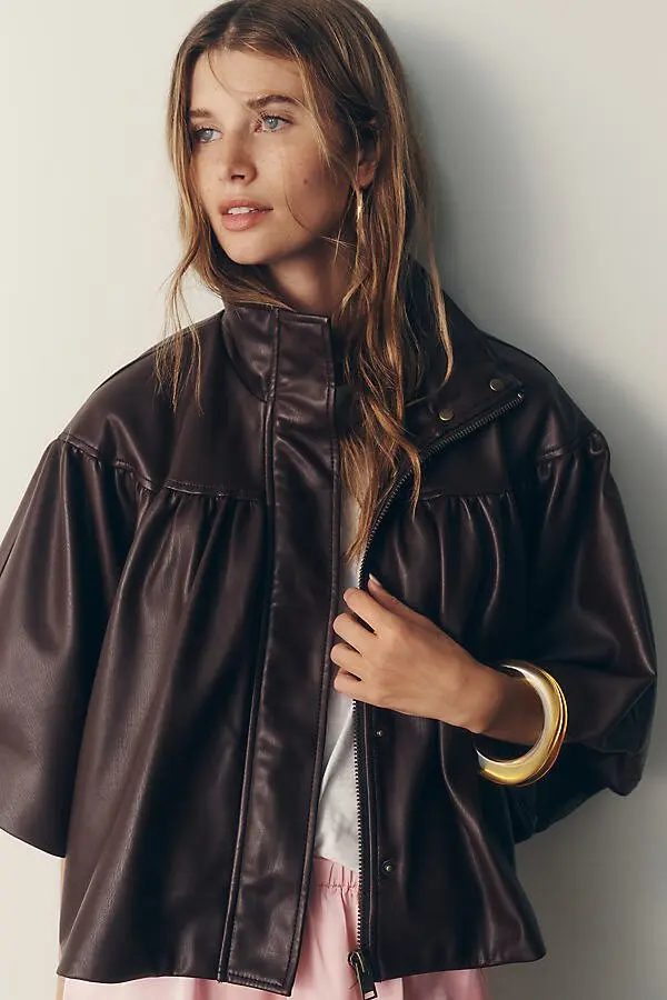 Anthropologie Faux-leather Funnel-neck Jacket