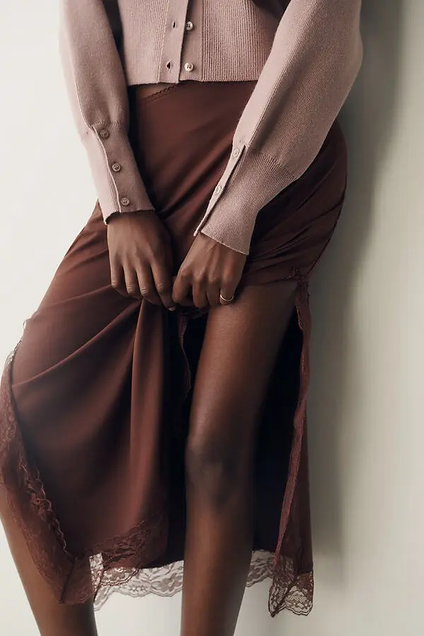 Anthropologie Lace Trim Midi Skirt - Brown