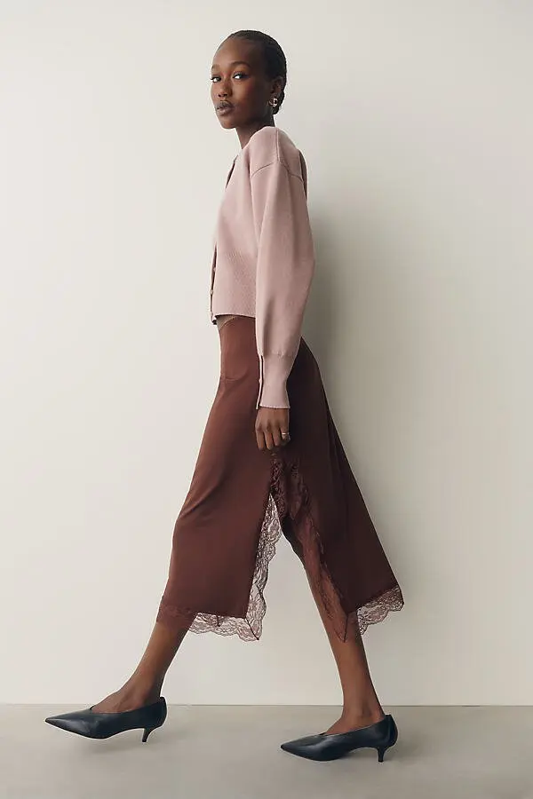 Anthropologie Lace Trim Midi Skirt - Brown