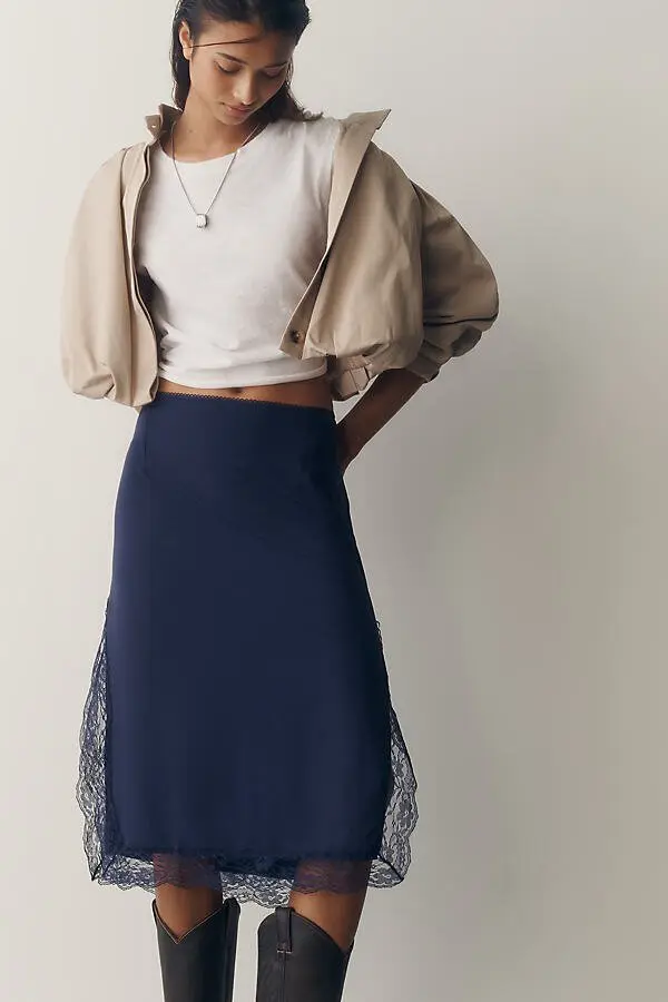 Anthropologie Lace Trim Midi Skirt - Evening Blue