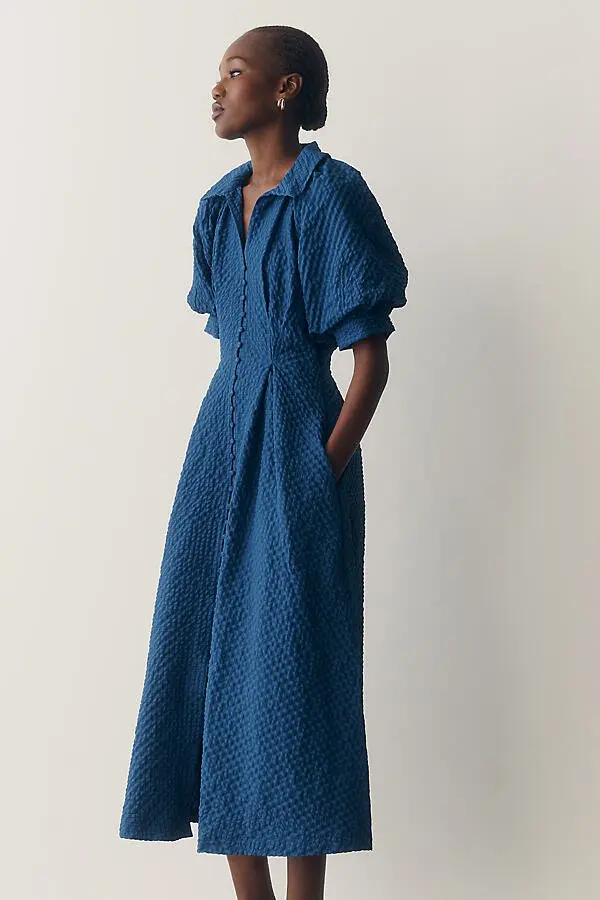 English Factory Puff-sleeve Textured Midi Shirtdress - Blue