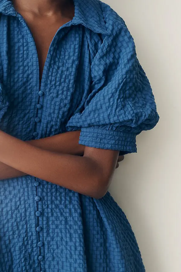 English Factory Puff Sleeve Textured Midi Shirtdress - Blue