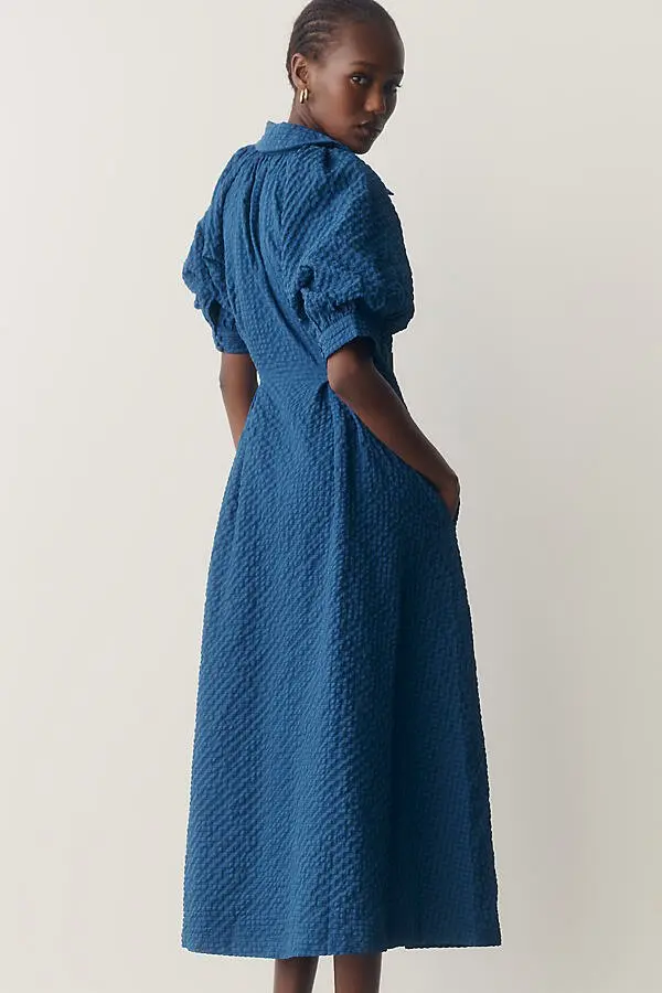 English Factory Puff Sleeve Textured Midi Shirtdress - Blue