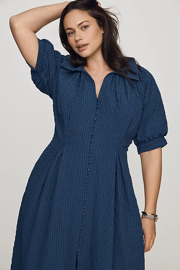 English Factory Puff Sleeve Textured Midi Shirtdress - Blue