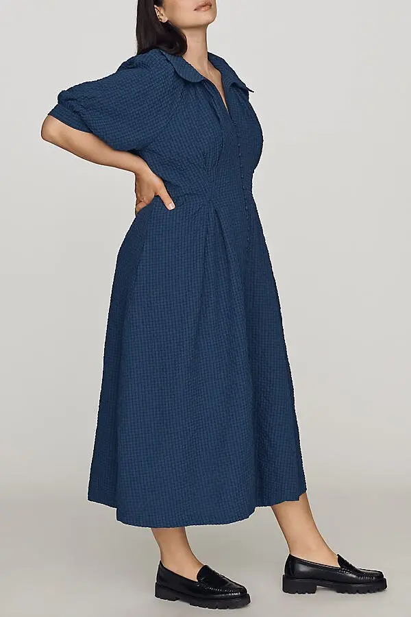 English Factory Puff Sleeve Textured Midi Shirtdress - Blue