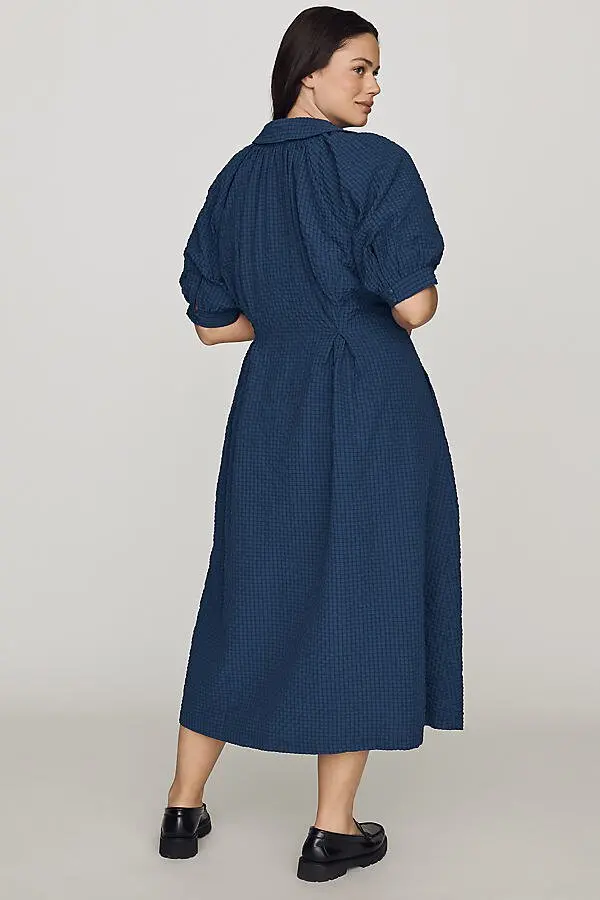 English Factory Puff Sleeve Textured Midi Shirtdress - Blue