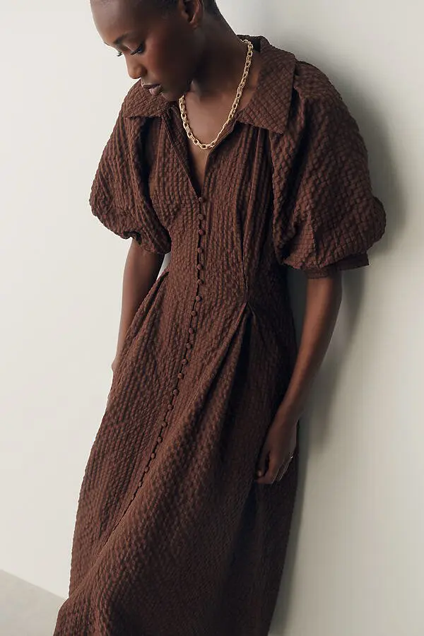 English Factory Puff-sleeve Textured Midi Shirtdress - Chocolate