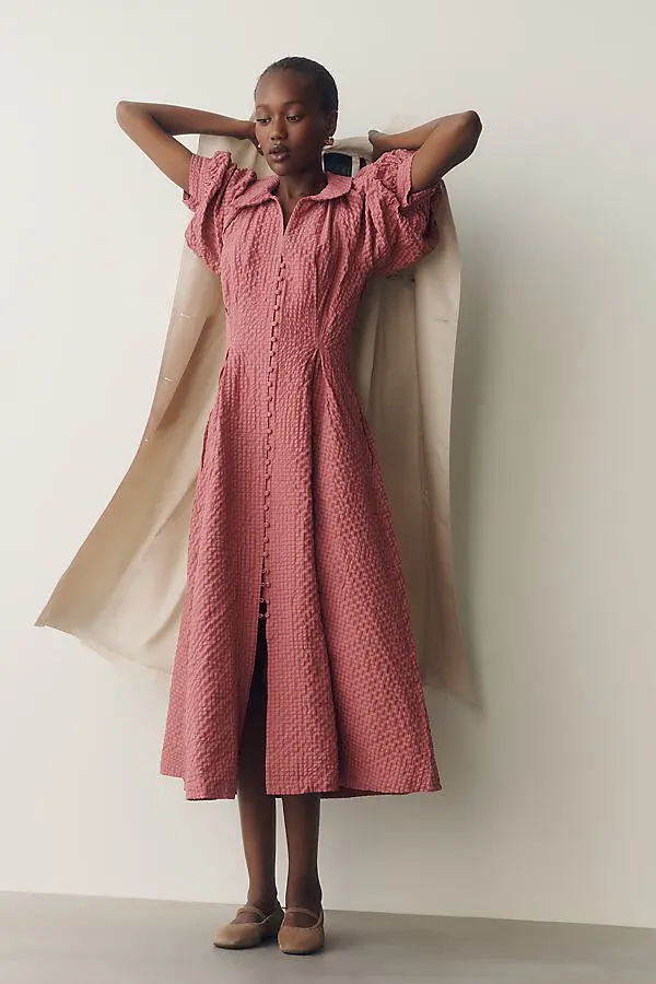 English Factory Puff-sleeve Textured Midi Shirtdress - Pink