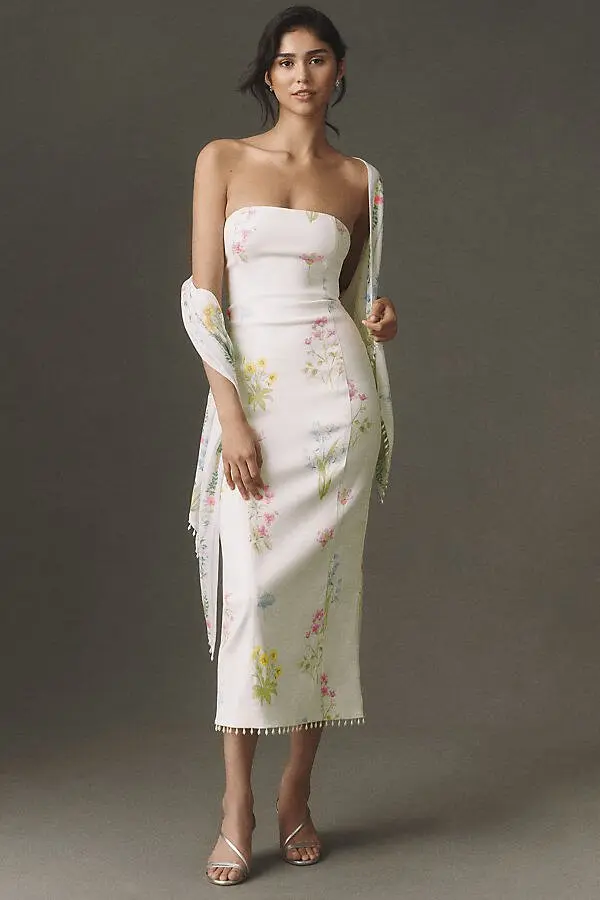 Bhldn Strapless Dress With Scarf - Ivory Floral