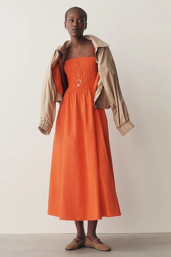 Anthropologie Smocked Cotton Fit & Flare Dress - Cherry Tomato