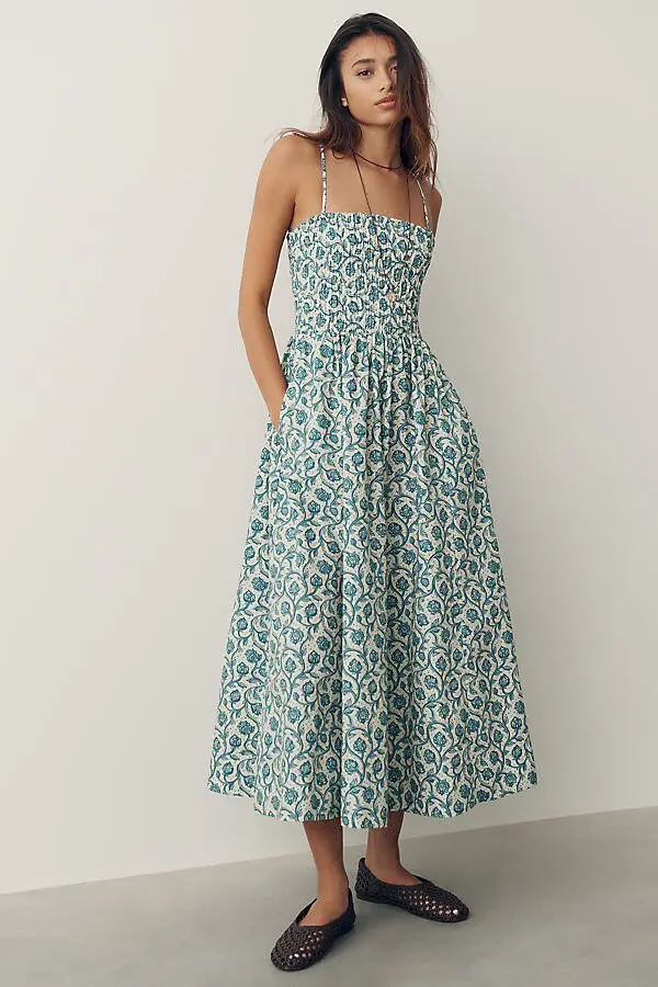 Anthropologie Smocked A-le Dress - Green Ditsy