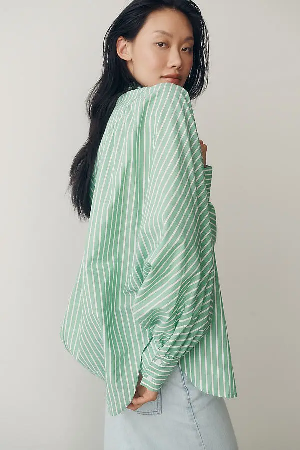 SUNDAY IN BROOKLYN Striped Batwing Sleeve Cotton Shirt - Green Stripe