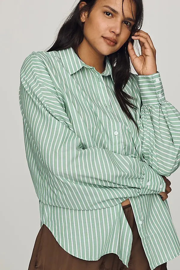 SUNDAY IN BROOKLYN Striped Batwing Sleeve Cotton Shirt - Green Stripe