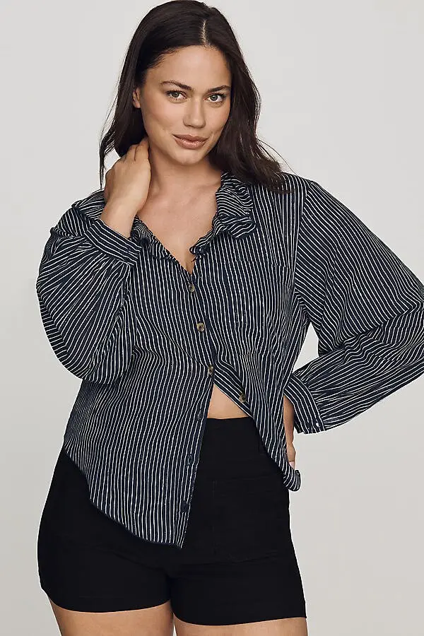 PILCRO Remy Shrunken Ruffle Collar Buttondown Shirt - Navy Stripe
