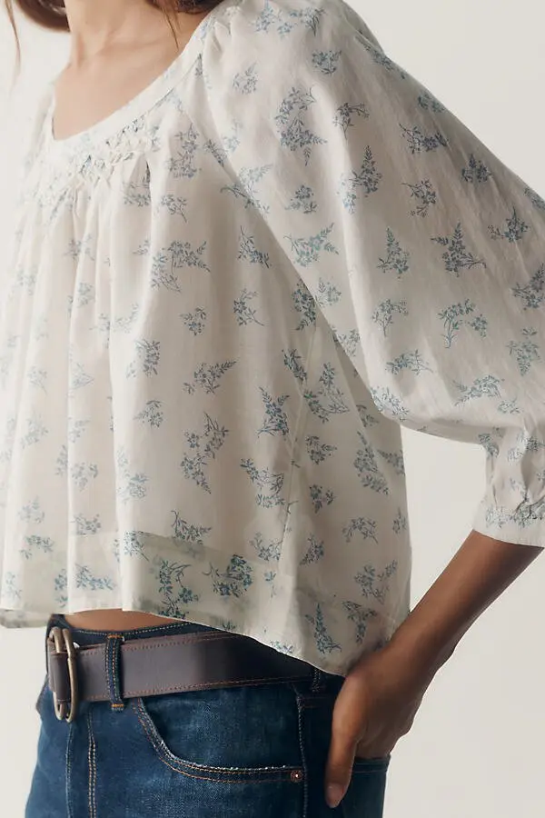 PILCRO Smocked Babydoll Top - Blue Floral