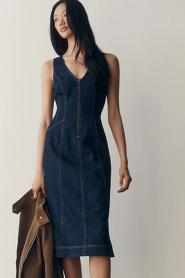 PILCRO Denim Zip-front Midi Dress - Dark Denim