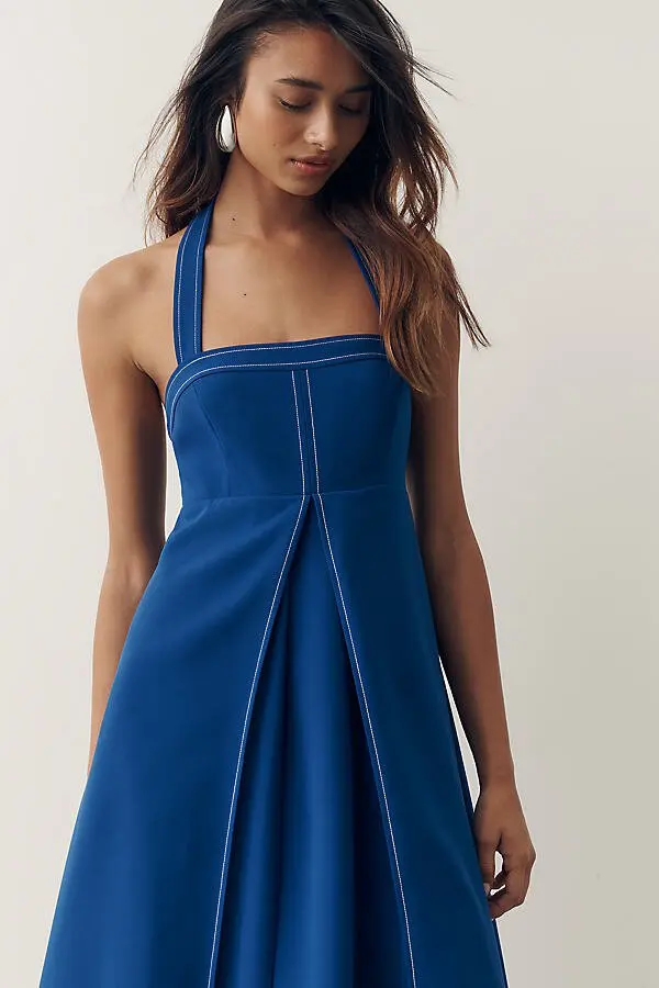 English Factory Halterneck Midi Dress With Pockets - Blue