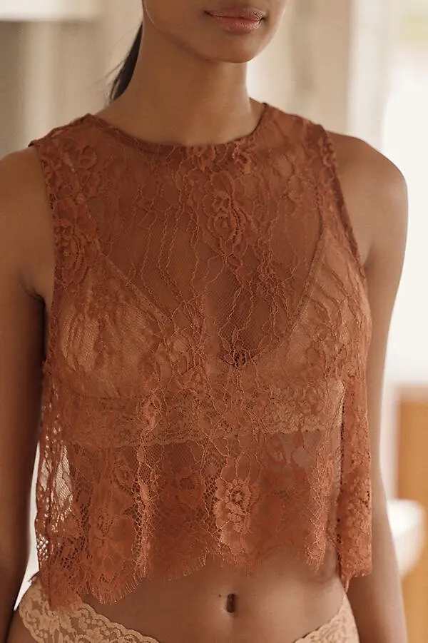 LYREBIRD Sheer Lace Cropped Tank Top - Cognac