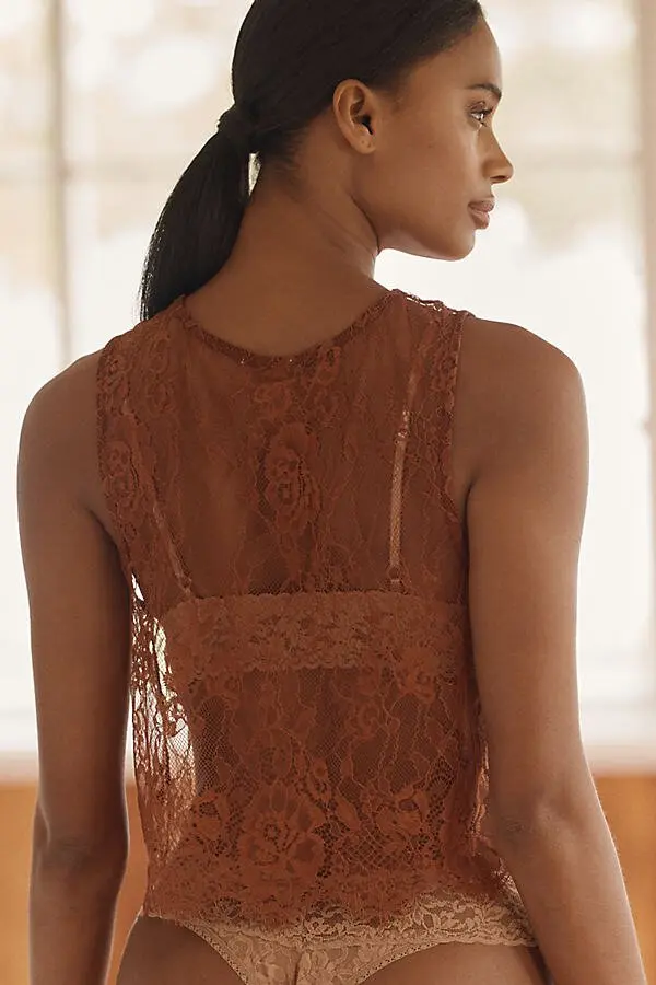 LYREBIRD Sheer Lace Cropped Tank Top - Cognac