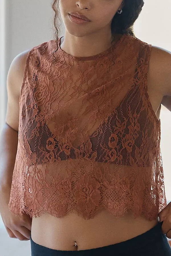 LYREBIRD Sheer Lace Cropped Tank Top - Cognac