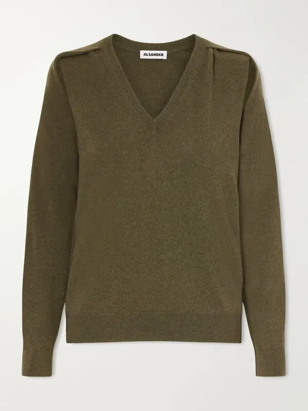 JIL SANDER Cashmere V-neck Cut-out Sweater - Green