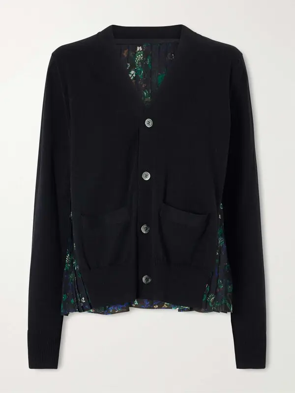 Sacai Layered Floral-print Mesh-trimmed Cotton Cardigan - Multi