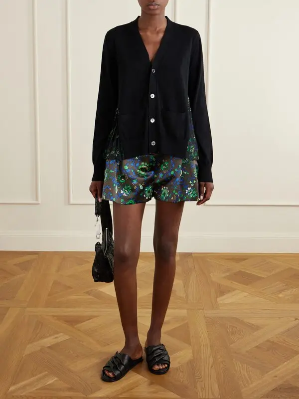 Sacai Layered Floral-print Cotton Cardigan With Mesh Trim