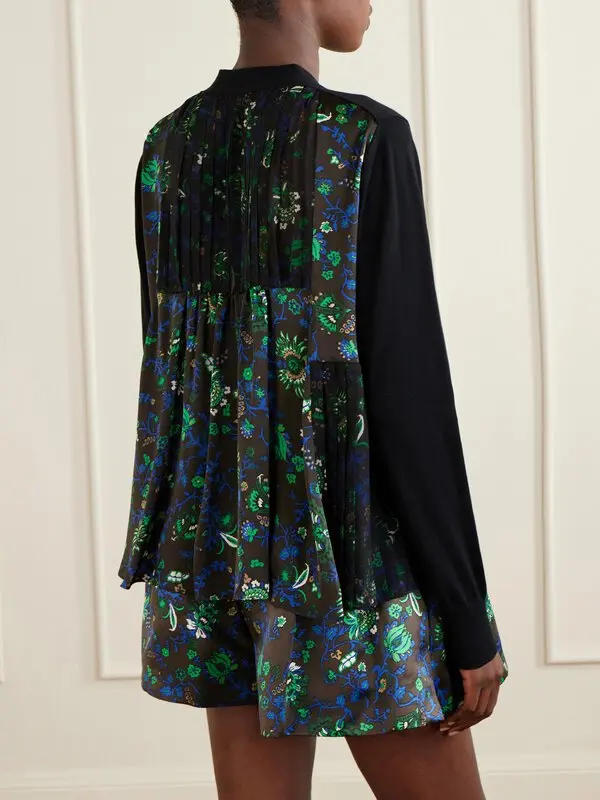 Sacai Layered Floral-print Cotton Cardigan With Mesh Trim