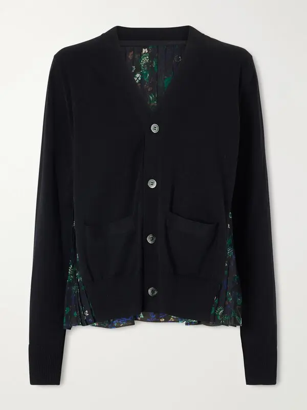 Sacai Layered Floral-print Cotton Cardigan With Mesh Trim - Multi