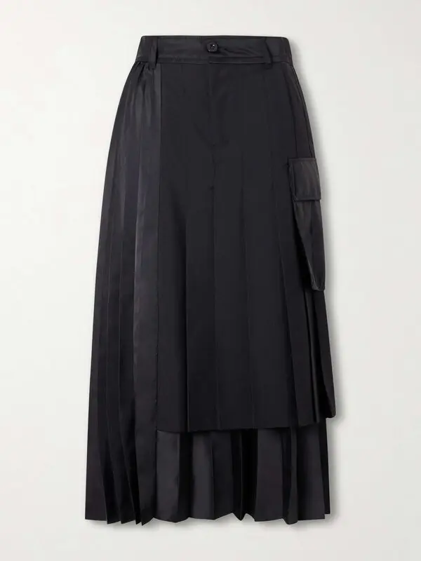 Sacai Pleated Twill And Shell Midi Skirt