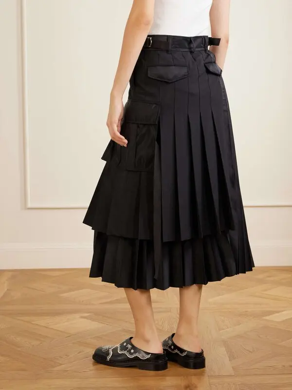 Sacai Pleated Twill And Shell Midi Skirt