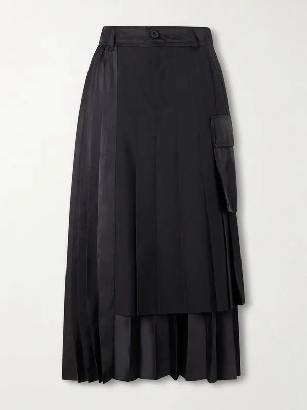 Sacai Pleated Twill And Shell Midi Skirt - Black