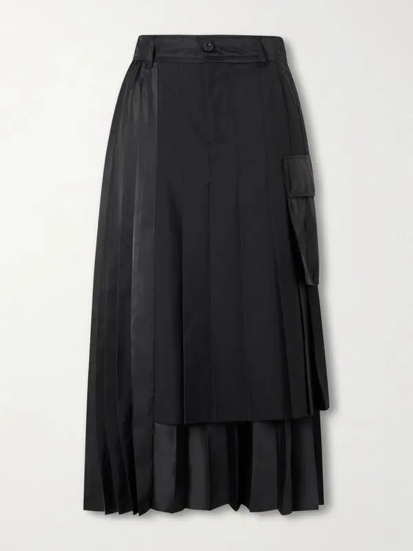 Sacai Pleated Twill And Shell Midi Skirt - Black