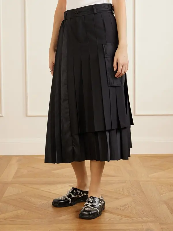 Sacai Pleated Twill And Shell Midi Skirt