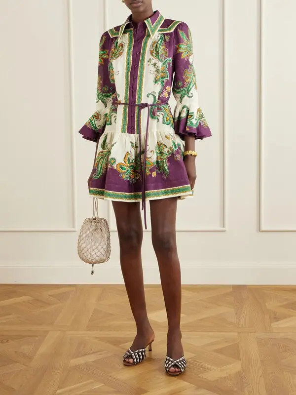 ALEMAIS Belted Ruffled Floral-print Linen Midi Dress - Multi