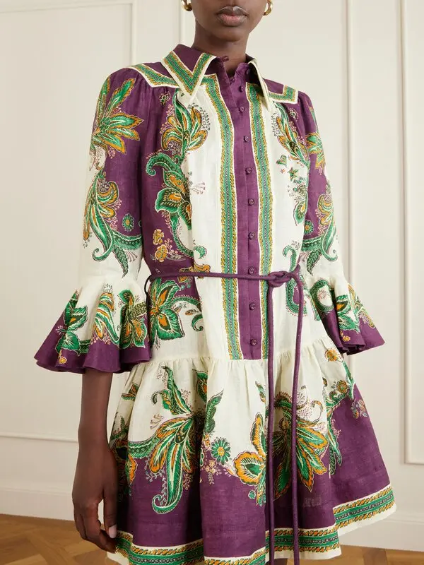 ALEMAIS Belted Ruffled Floral-print Linen Midi Dress - Multi