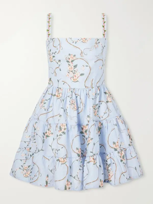 Agua Bendita Floral Print Linen Mini Dress - Blue