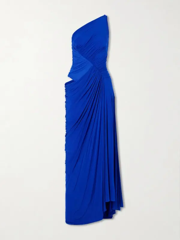 Alex Perry One-shoulder Gathered Mesh And Jersey Gown - Blue
