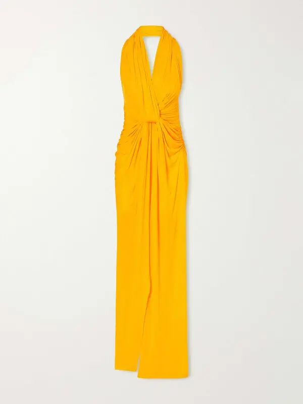 Alex Perry Halterneck Ruched Jersey Gown - Yellow