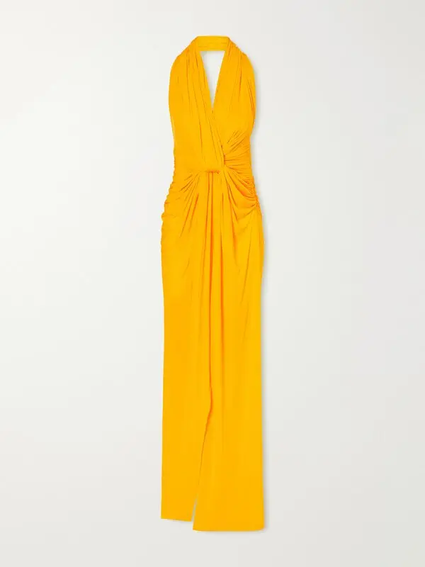 Alex Perry Halterneck Ruched Jersey Gown - Yellow