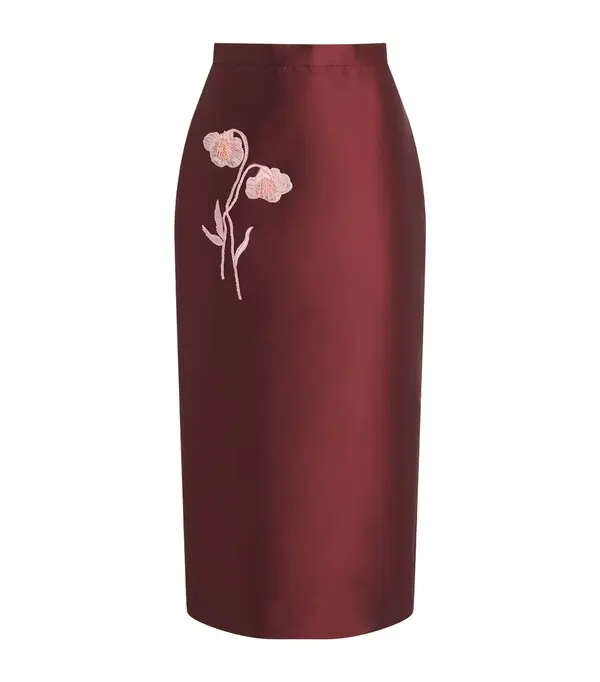 Erdem Embroidered Mikado Midi Pencil Skirt - Burgundy