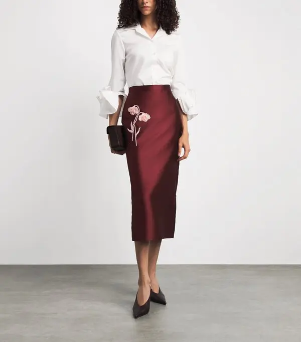 Erdem Embroidered Mikado Midi Pencil Skirt